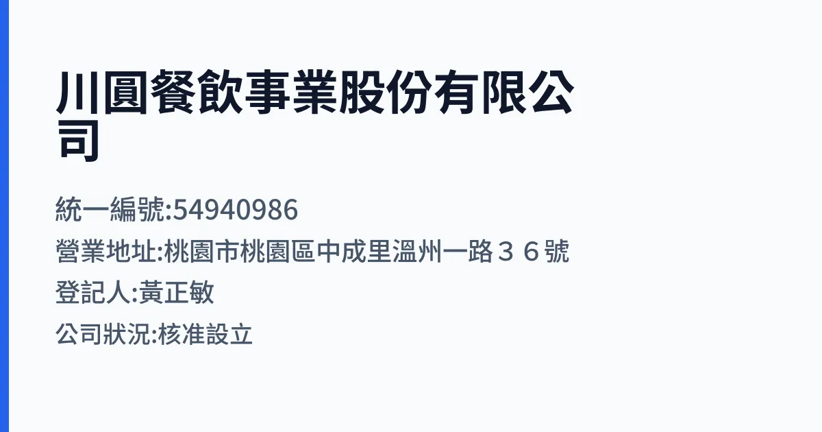 川圓餐飲事業股份有限公司 - 統編 54940986(桃園市) 公司登記資料與營業項目詳細圖表