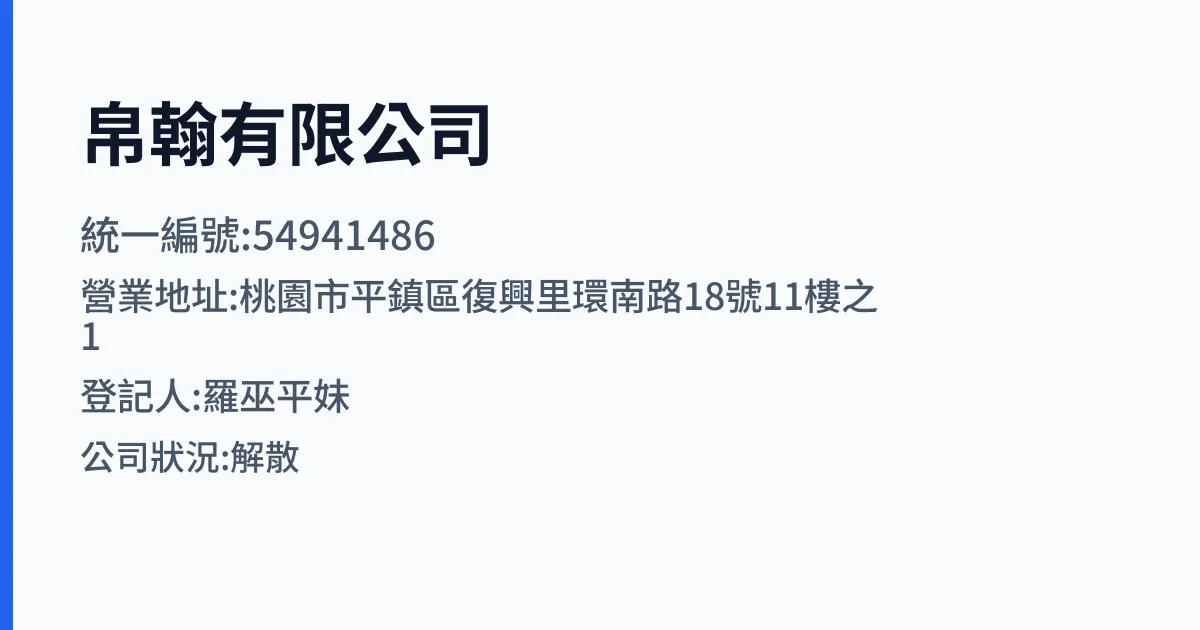 帛翰有限公司 - 統編 54941486(桃園市) 公司登記資料與營業項目詳細圖表