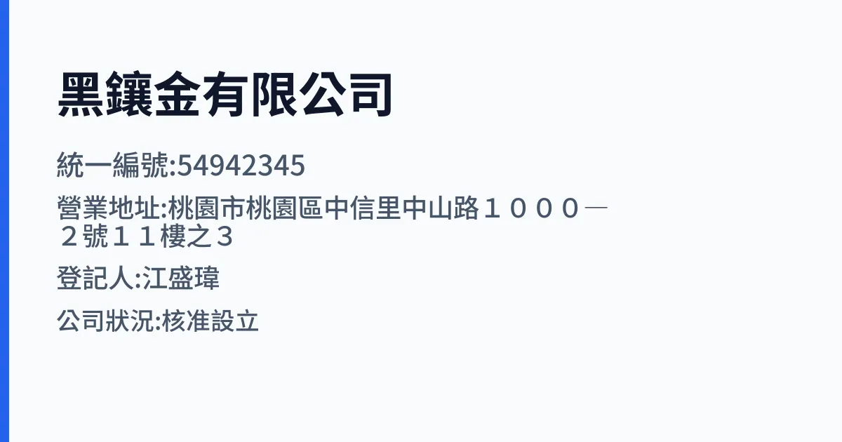 黑鑲金有限公司 - 統編 54942345(桃園市) 公司登記資料與營業項目詳細圖表