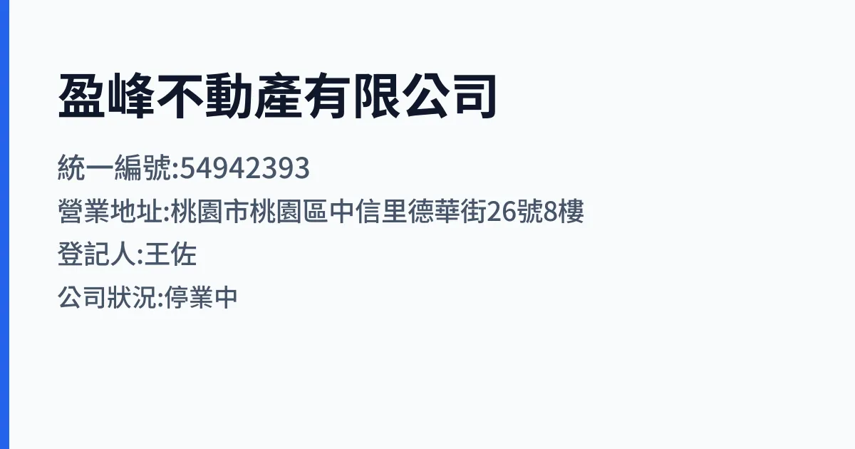 盈峰不動產有限公司 - 統編 54942393(桃園市) 公司登記資料與營業項目詳細圖表