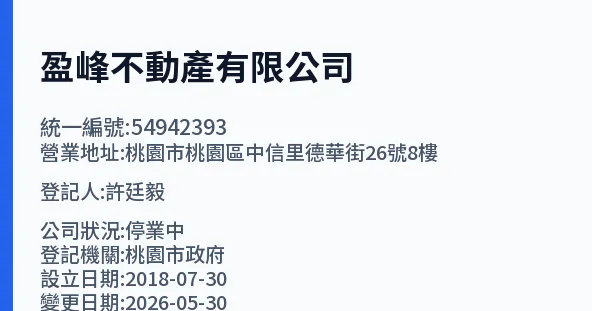 盈峰不動產有限公司的照片-統編 54942393(桃園市) 公司登記資料與營業項目詳細圖表