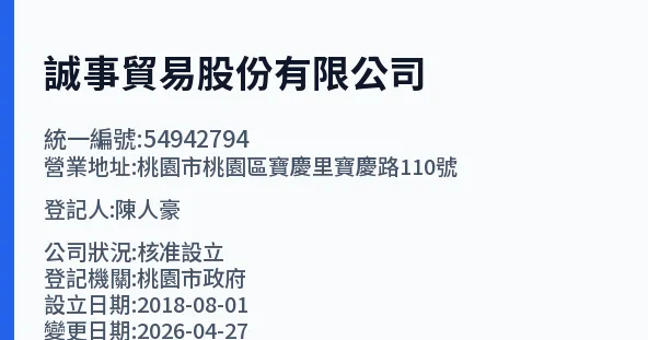 誠事貿易股份有限公司的照片-統編 54942794(桃園市) 公司登記資料與營業項目詳細圖表
