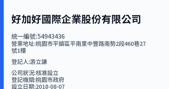好加好國際企業股份有限公司的照片-統編 54943436(桃園市) 公司登記資料與營業項目詳細圖表