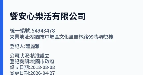 饗安心樂活有限公司的照片-統編 54943478(桃園市) 公司登記資料與營業項目詳細圖表