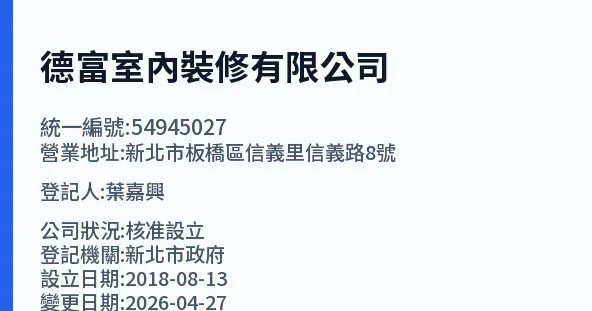 德富室內裝修有限公司的照片-統編 54945027(新北市) 公司登記資料與營業項目詳細圖表