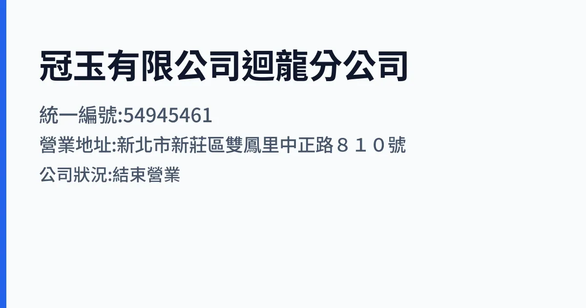 冠玉有限公司迴龍分公司 - 統編 54945461(新北市) 公司登記資料與營業項目詳細圖表