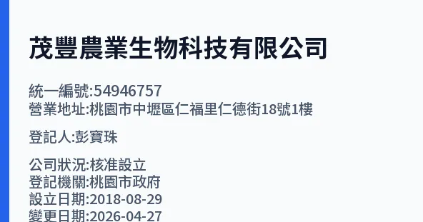 茂豐農業生物科技有限公司的照片-統編 54946757(桃園市) 公司登記資料與營業項目詳細圖表