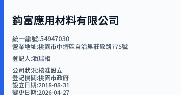 鈞富應用材料有限公司的照片-統編 54947030(桃園市) 公司登記資料與營業項目詳細圖表