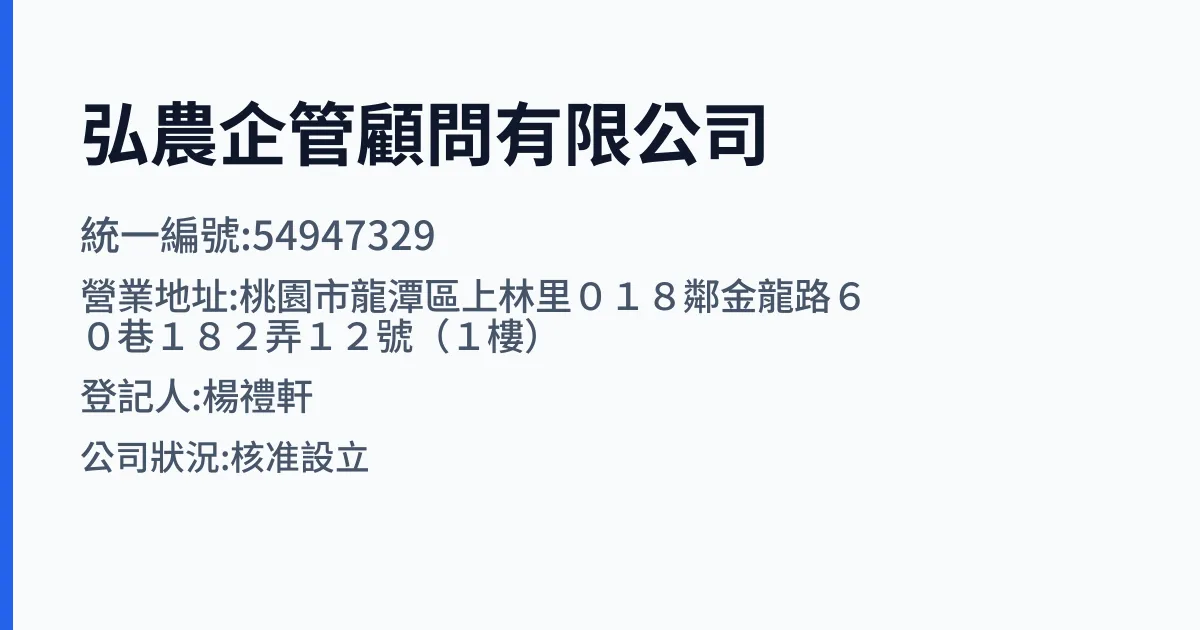 弘農企管顧問有限公司 - 統編 54947329(桃園市) 公司登記資料與營業項目詳細圖表