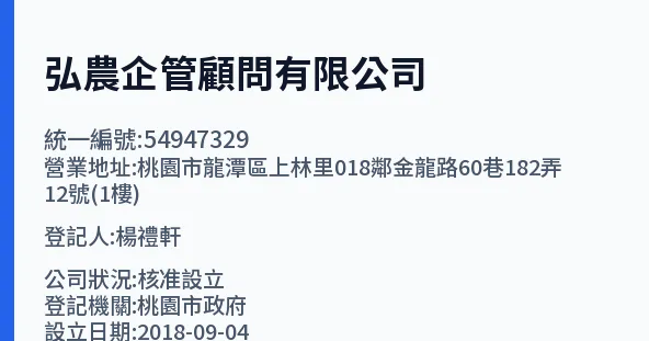 弘農企管顧問有限公司的照片-統編 54947329(桃園市) 公司登記資料與營業項目詳細圖表