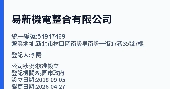 易新機電整合有限公司的照片-統編 54947469(新北市) 公司登記資料與營業項目詳細圖表