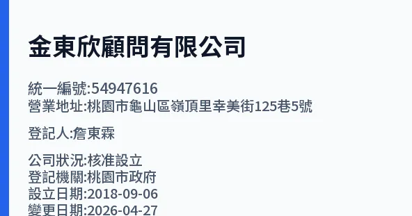 金東欣顧問有限公司的照片-統編 54947616(桃園市) 公司登記資料與營業項目詳細圖表