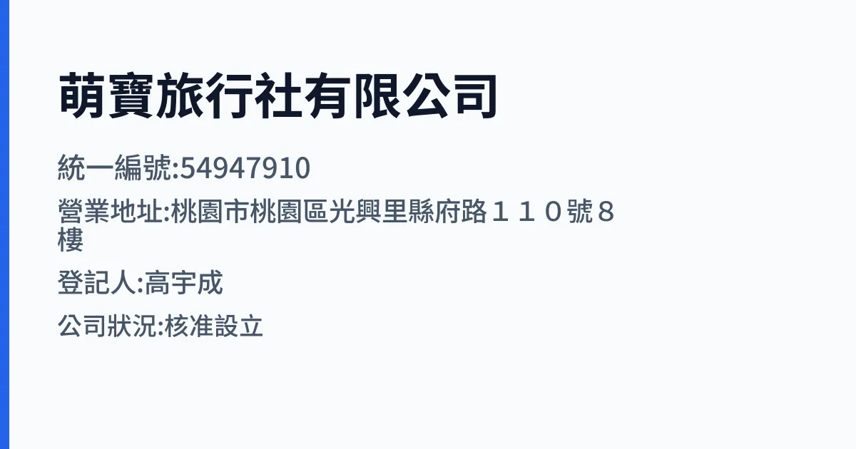 萌寶旅行社有限公司 - 統編 54947910(桃園市) 公司登記資料與營業項目詳細圖表