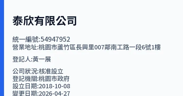 泰欣有限公司的照片-統編 54947952(桃園市) 公司登記資料與營業項目詳細圖表