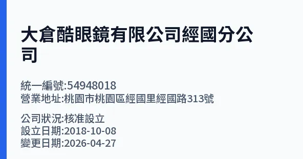 大倉酷眼鏡有限公司經國分公司的照片-統編 54948018(桃園市) 公司登記資料與營業項目詳細圖表