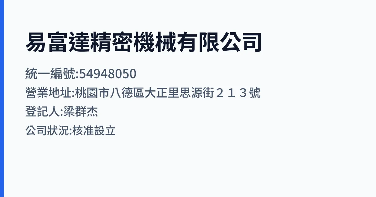 易富達精密機械有限公司 - 統編 54948050(桃園市) 公司登記資料與營業項目詳細圖表