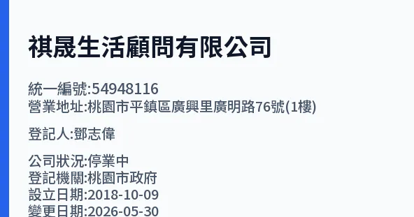 祺晟生活顧問有限公司的照片-統編 54948116(桃園市) 公司登記資料與營業項目詳細圖表