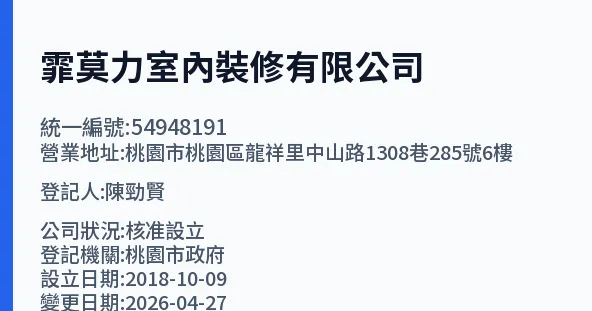 霏莫力室內裝修有限公司的照片-統編 54948191(桃園市) 公司登記資料與營業項目詳細圖表