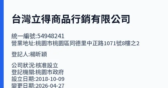 台灣立得商品行銷有限公司的照片-統編 54948241(桃園市) 公司登記資料與營業項目詳細圖表