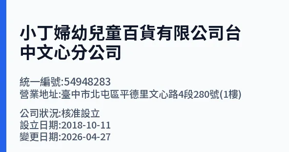 小丁婦幼兒童百貨有限公司台中文心分公司的照片-統編 54948283(臺中市) 公司登記資料與營業項目詳細圖表