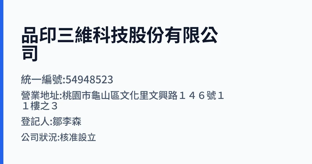 品印三維科技股份有限公司 - 統編 54948523(桃園市) 公司登記資料與營業項目詳細圖表