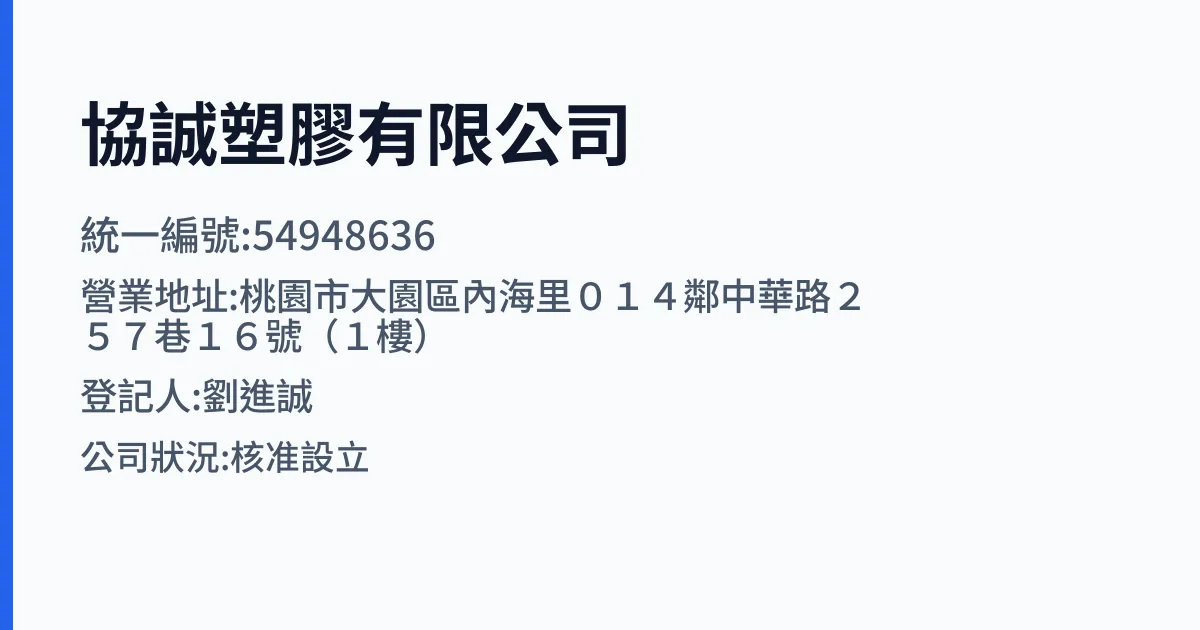 協誠塑膠有限公司 - 統編 54948636(桃園市) 公司登記資料與營業項目詳細圖表