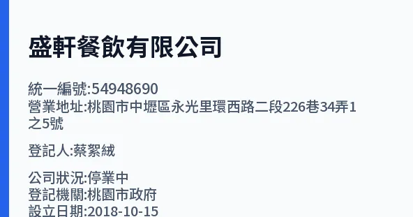 盛軒餐飲有限公司的照片-統編 54948690(桃園市) 公司登記資料與營業項目詳細圖表