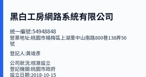 黑白工房網路系統有限公司的照片-統編 54948848(桃園市) 公司登記資料與營業項目詳細圖表
