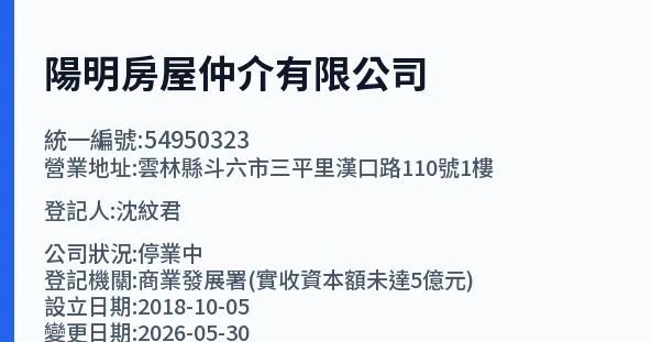陽明房屋仲介有限公司的照片-統編 54950323(雲林縣) 公司登記資料與營業項目詳細圖表
