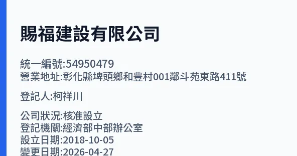 賜福建設有限公司的照片-統編 54950479(彰化縣) 公司登記資料與營業項目詳細圖表