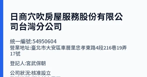 日商穴吹房屋服務股份有限公司台灣分公司的照片-統編 54950604(臺北市) 公司登記資料與營業項目詳細圖表