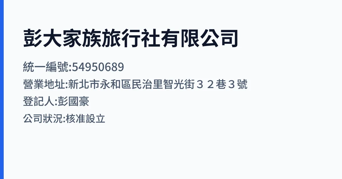 彭大家族旅行社有限公司 - 統編 54950689(新北市) 公司登記資料與營業項目詳細圖表