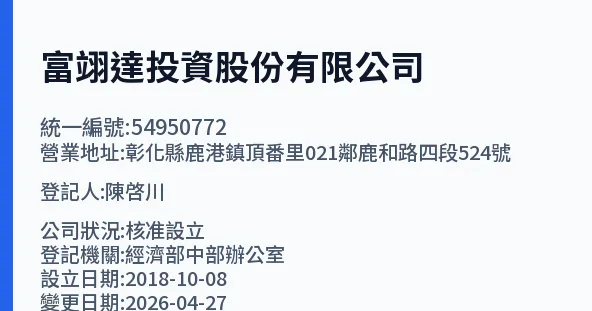 富翊達投資股份有限公司的照片-統編 54950772(彰化縣) 公司登記資料與營業項目詳細圖表
