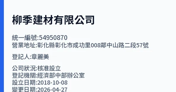 柳季建材有限公司的照片-統編 54950870(彰化縣) 公司登記資料與營業項目詳細圖表