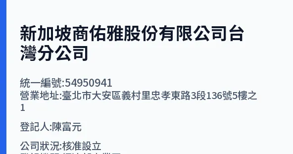 新加坡商佑雅股份有限公司台灣分公司的照片-統編 54950941(臺北市) 公司登記資料與營業項目詳細圖表