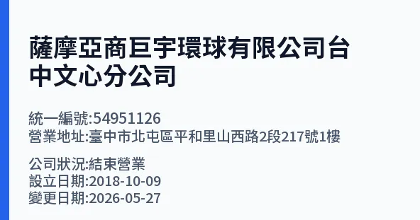 薩摩亞商巨宇環球有限公司台中文心分公司的照片-統編 54951126(臺中市) 公司登記資料與營業項目詳細圖表