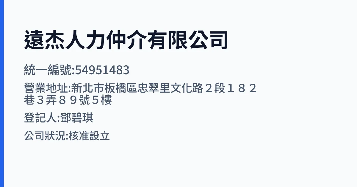 遠杰人力仲介有限公司 - 統編 54951483(新北市) 公司登記資料與營業項目詳細圖表