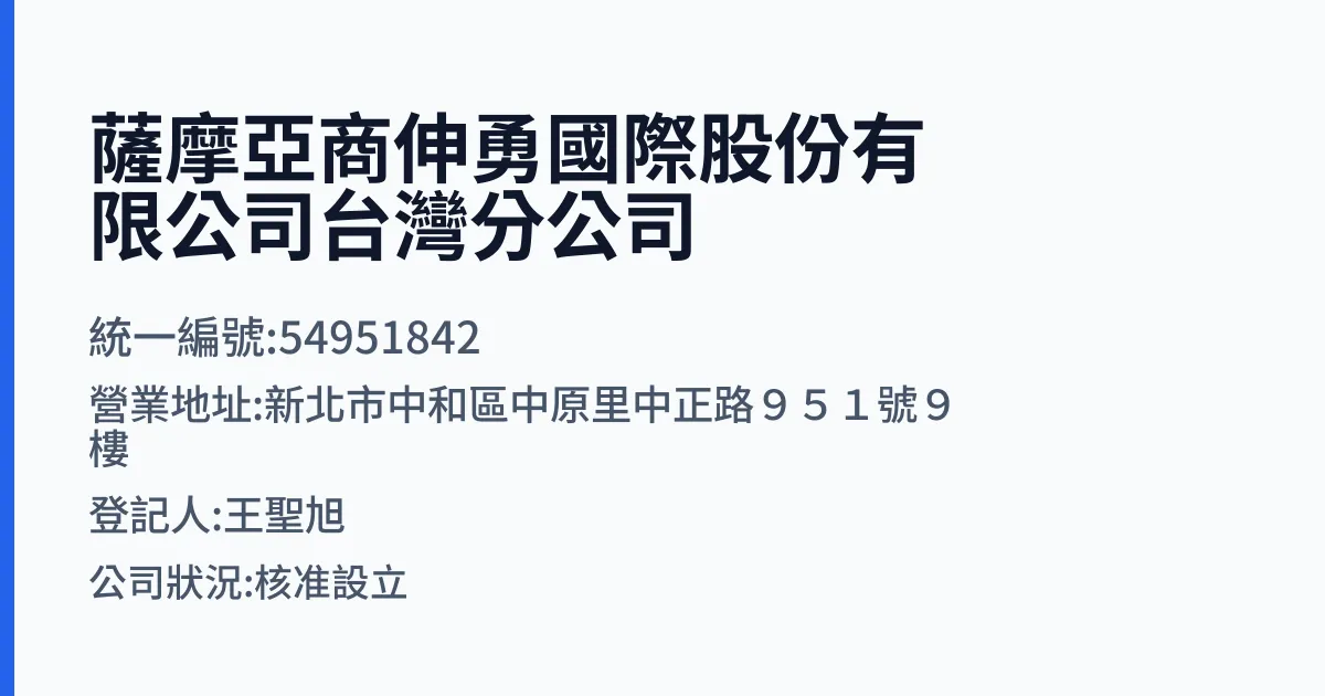 薩摩亞商伸勇國際股份有限公司台灣分公司 - 統編 54951842(新北市) 公司登記資料與營業項目詳細圖表