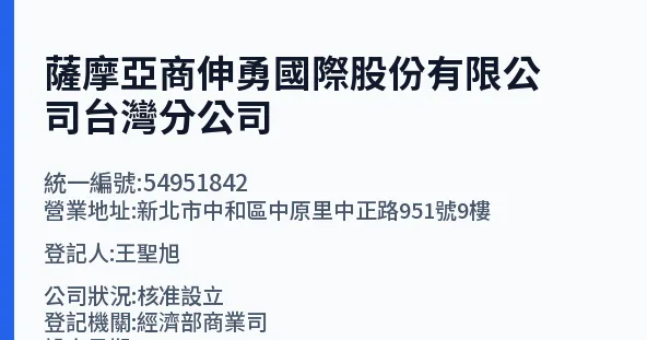 薩摩亞商伸勇國際股份有限公司台灣分公司的照片-統編 54951842(新北市) 公司登記資料與營業項目詳細圖表