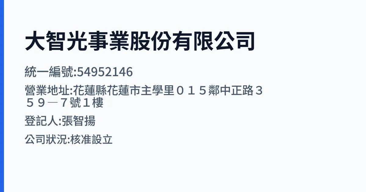 大智光事業股份有限公司 - 統編 54952146(花蓮縣) 公司登記資料與營業項目詳細圖表