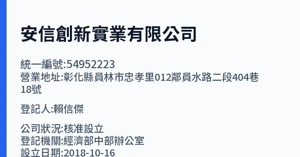 安信創新實業有限公司的照片-統編 54952223(彰化縣) 公司登記資料與營業項目詳細圖表