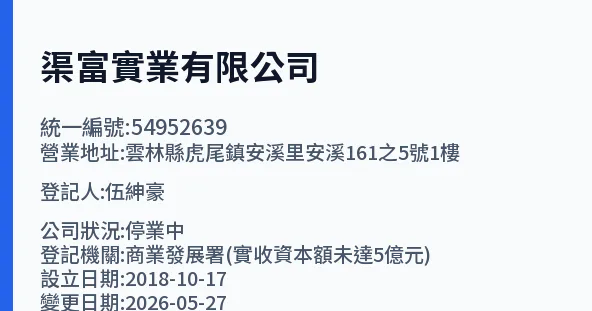 渠富實業有限公司的照片-統編 54952639(雲林縣) 公司登記資料與營業項目詳細圖表