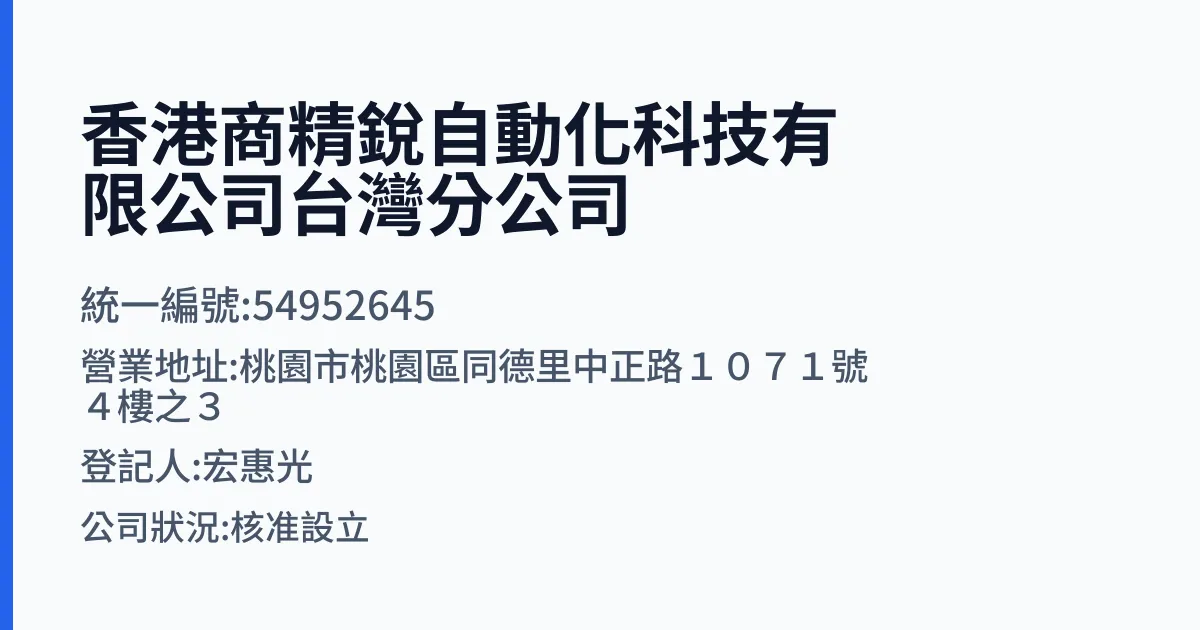 香港商精銳自動化科技有限公司台灣分公司 - 統編 54952645(桃園市) 公司登記資料與營業項目詳細圖表