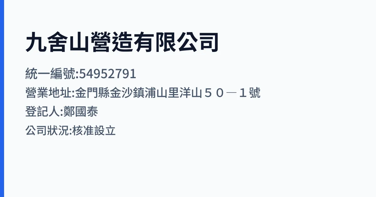 九舍山營造有限公司 - 統編 54952791(金門縣) 公司登記資料與營業項目詳細圖表