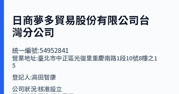 日商夢多貿易股份有限公司台灣分公司的照片-統編 54952841(臺北市) 公司登記資料與營業項目詳細圖表