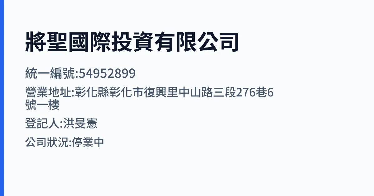 將聖國際投資有限公司 - 統編 54952899(彰化縣) 公司登記資料與營業項目詳細圖表
