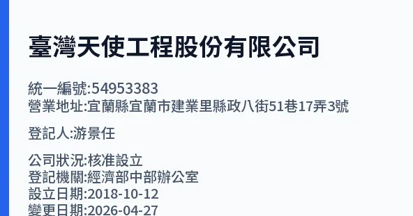 臺灣天使工程股份有限公司的照片-統編 54953383(宜蘭縣) 公司登記資料與營業項目詳細圖表