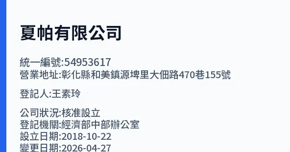 夏帕有限公司的照片-統編 54953617(彰化縣) 公司登記資料與營業項目詳細圖表