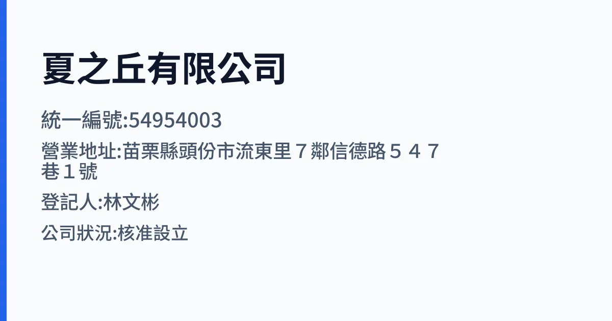 夏之丘有限公司 - 統編 54954003(苗栗縣) 公司登記資料與營業項目詳細圖表