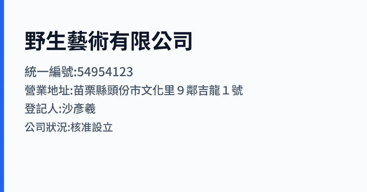 野生藝術有限公司 - 統編 54954123(苗栗縣) 公司登記資料與營業項目詳細圖表